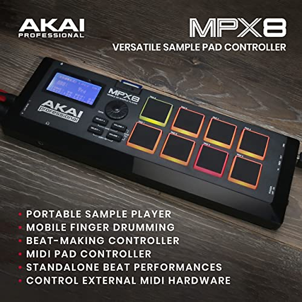 AKAI Professional MPX8 - Portable Sample Pad Controller With 8 Performance-Ready Velocity-Sensitive Pads, MIDI Connectivity & On-Board SD Card Slot