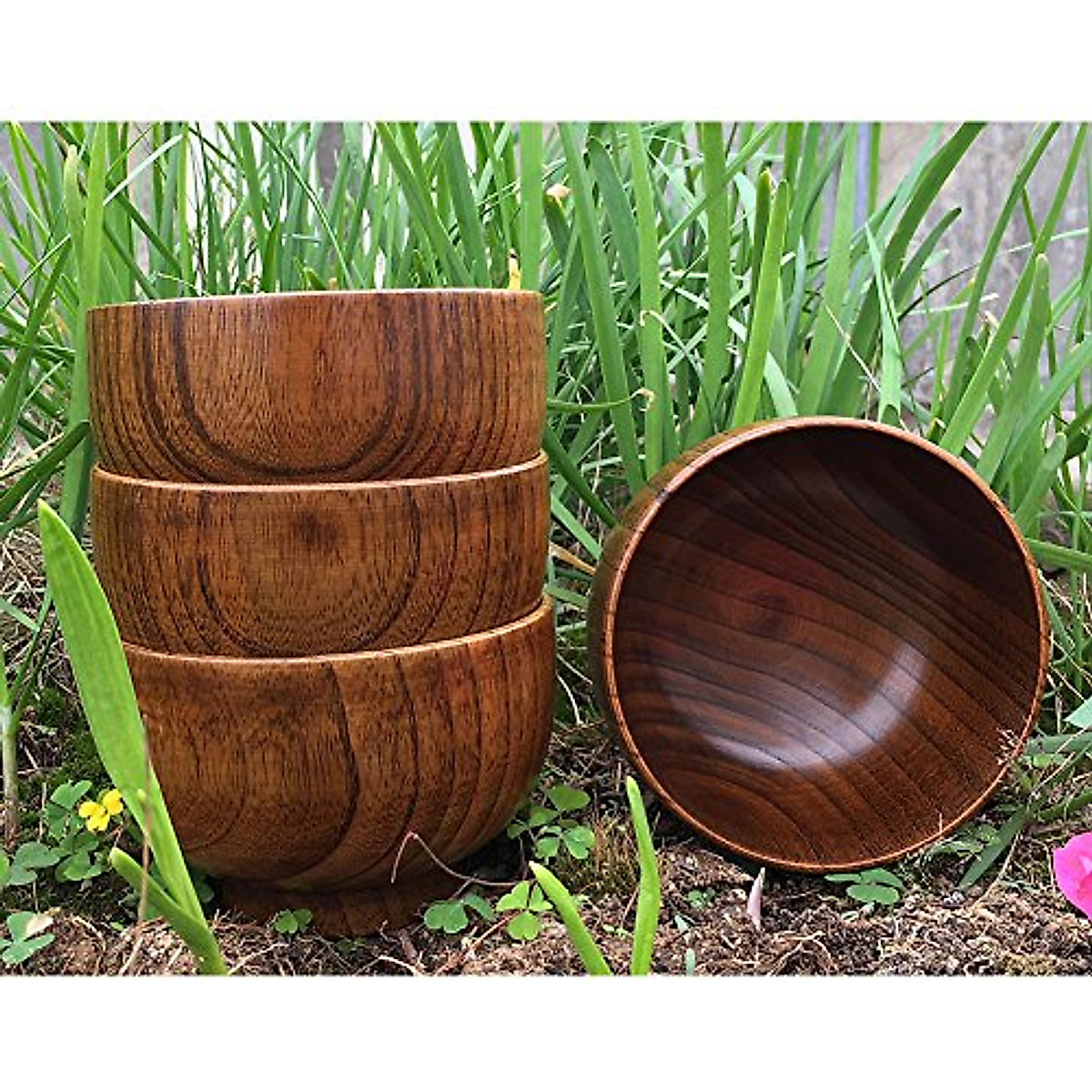 Cospring Handmade Wood Bowl, Mug, for Rice, Soup, Dip, Coffee, Tea, Decoration (4PCS Jujube Bowls, M: 4.5'' Dia x 2.6'' High)