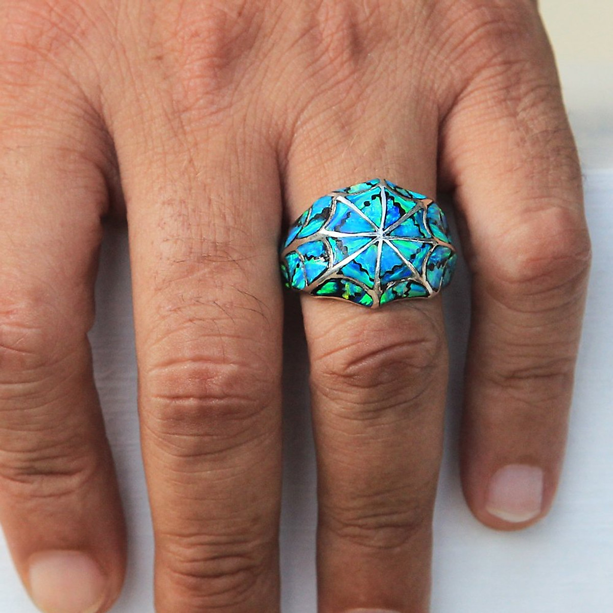 VY JEWELRY 925 Sterling Silver Blue Opal Ring - Made in Thailand - Size 9