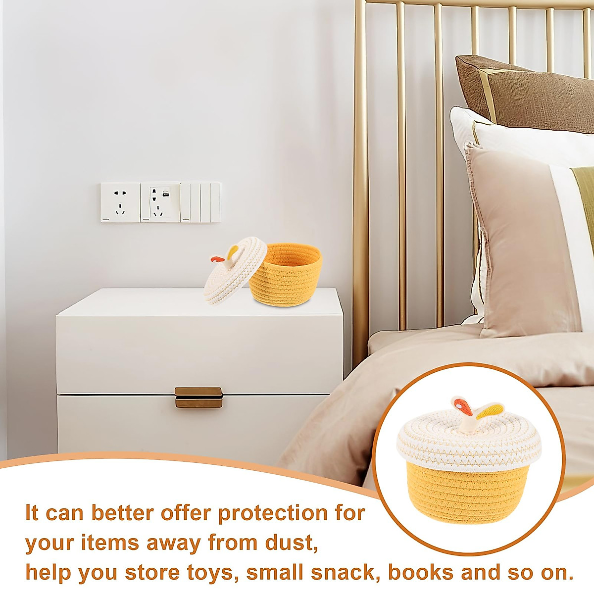 Garneck Small Round Storage Basket - 6.5 Inch Ceative Knitted Storage Basket with Lid - Cute Hazelnuts Shape Decor Desk Basket for Keys, Jewelry, Snacks