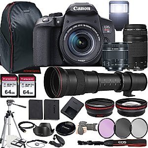Canon EOS Rebel T8i DSLR Camera w/EF-S 18-55mm F/4-5.6 is STM Lens + EF 75-300mm f/4-5.6 III Lens + 420-800mm f/8.3 HD Lens + 2X 64GB Memory + Case + Filters + Tripod + More (35pc Bundle)