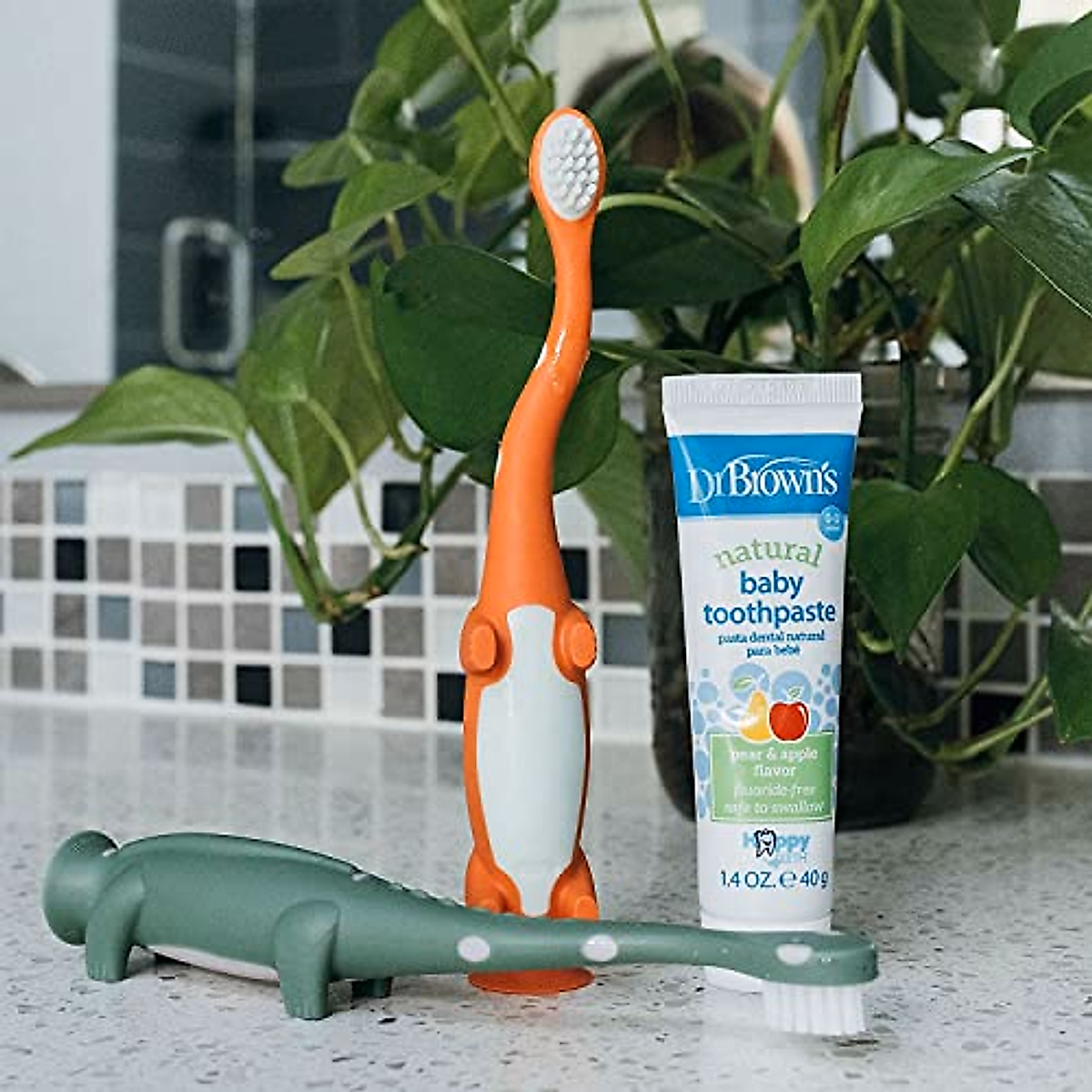 Dr. Brown's Baby and Toddler Toothbrush, Green and Orange Dinosaur 2-Pack 1-4 Years, CleanUp Float & Hatch Dino Eggs Bath Toy, 6m+, Dino-Soft Baby Bath Spout Cover, BPA Free, Certified Plastic Neutral