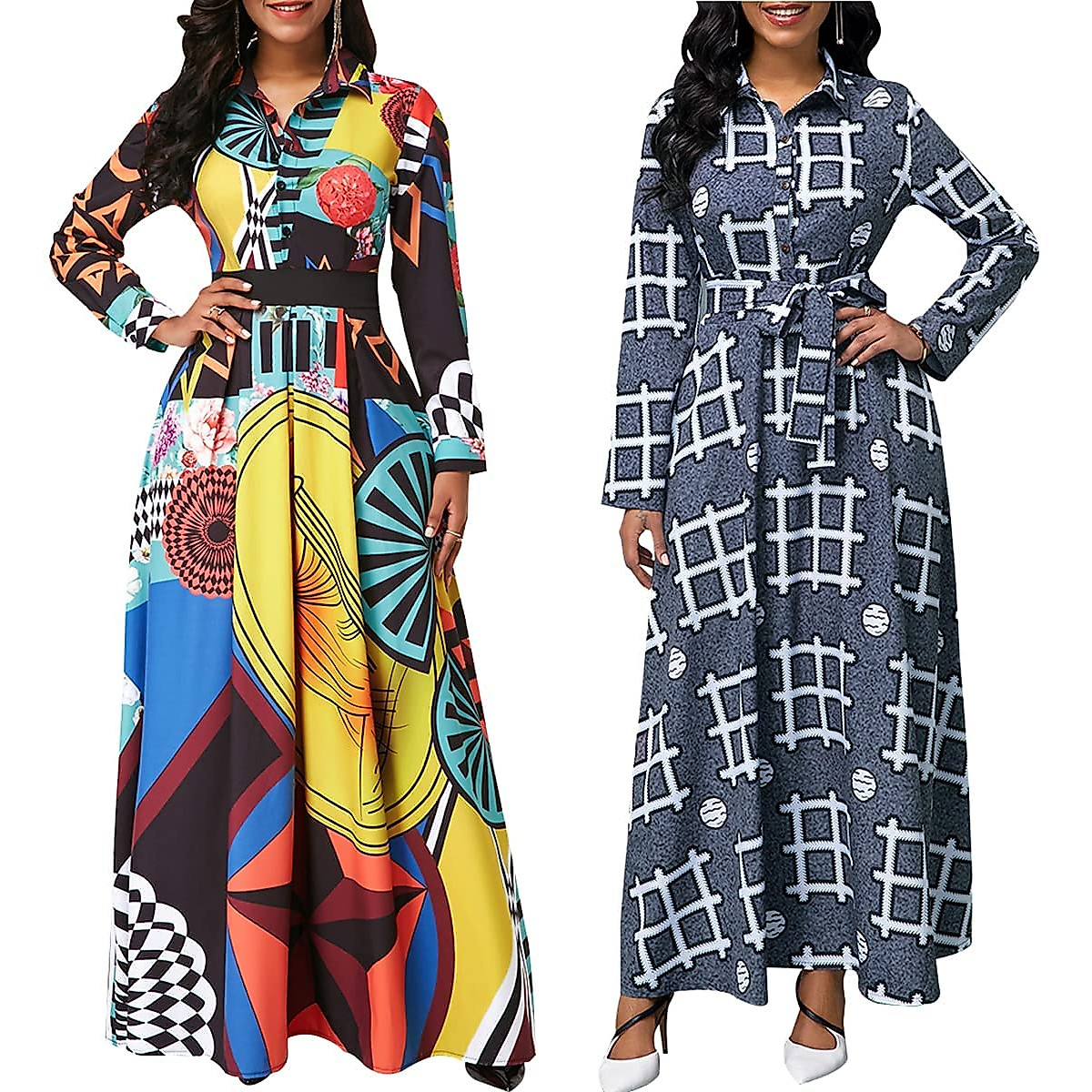 MsavigVice Maxi Dresses for Women Floral Print Casual Long Sleeve Button Down Loose Party Maxi Dress with Belt