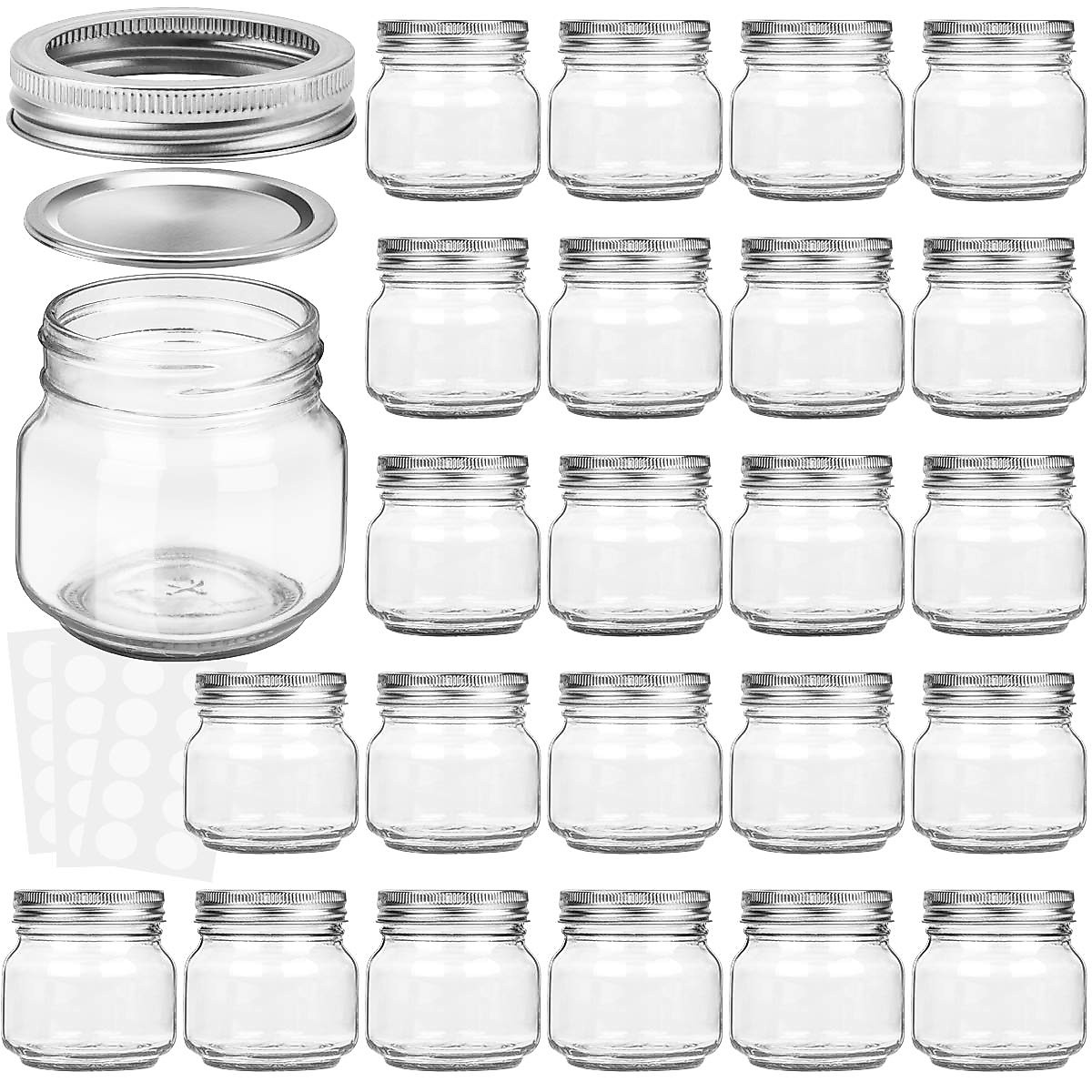 KAMOTA Mason Jars 8 oz With Regular Silver Lids and Bands, Ideal for Jam, Honey, Wedding Favors, Shower Favors, DIY Spice Jars, 24 PACK, 30 Whiteboard Labels Included