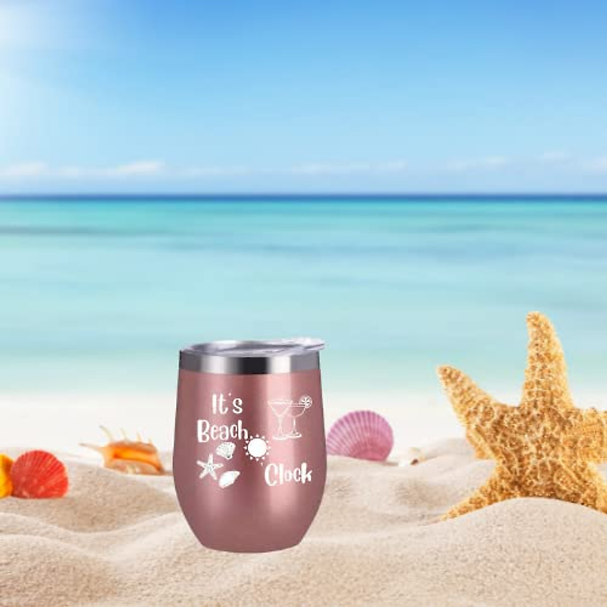 It's Beach O 'Clock, Lovely Shape Rose Gold With white Print, Insulated Wine Tumbler with Lid Double Wall Stainless Steeel, Coffee Mug, Beach Accesories, Cocktail, Beer, Office (Rose Gold)