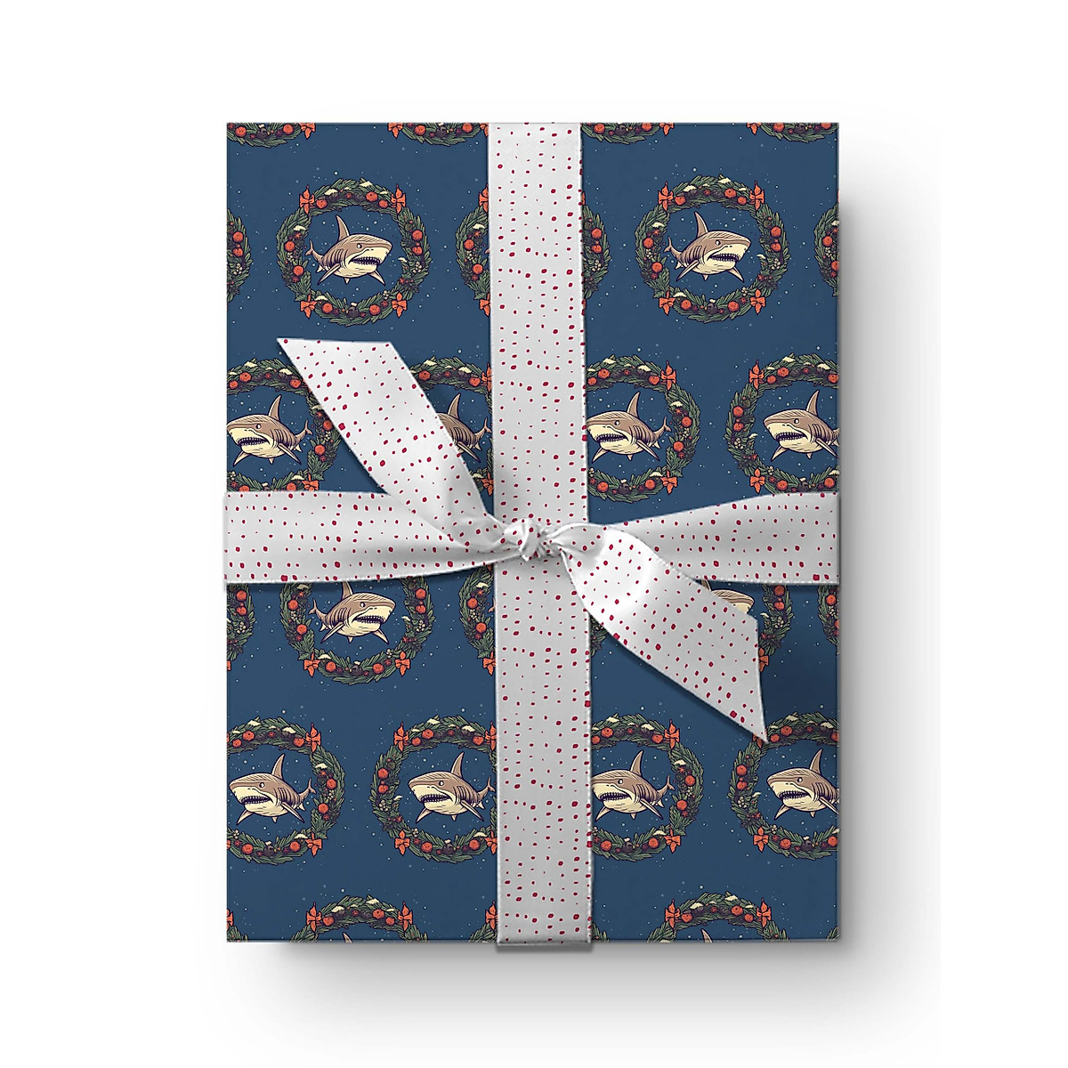 Shark Wreath Christmas Wrapping Paper, Christmas Holiday Gift Wrap, Ocean Animal Theme Party Decor (20 inch x 30 inch sheet)