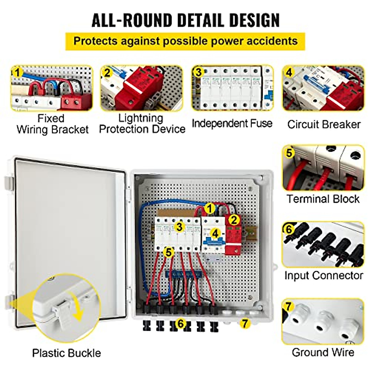 VEVOR PV Combiner Box, 6 String with 15A Rated Current Fuse, 125A Circuit Breaker, Lightning Arreste Connector for On/Off Grid Solar Panel System, IP65 Waterproof, White