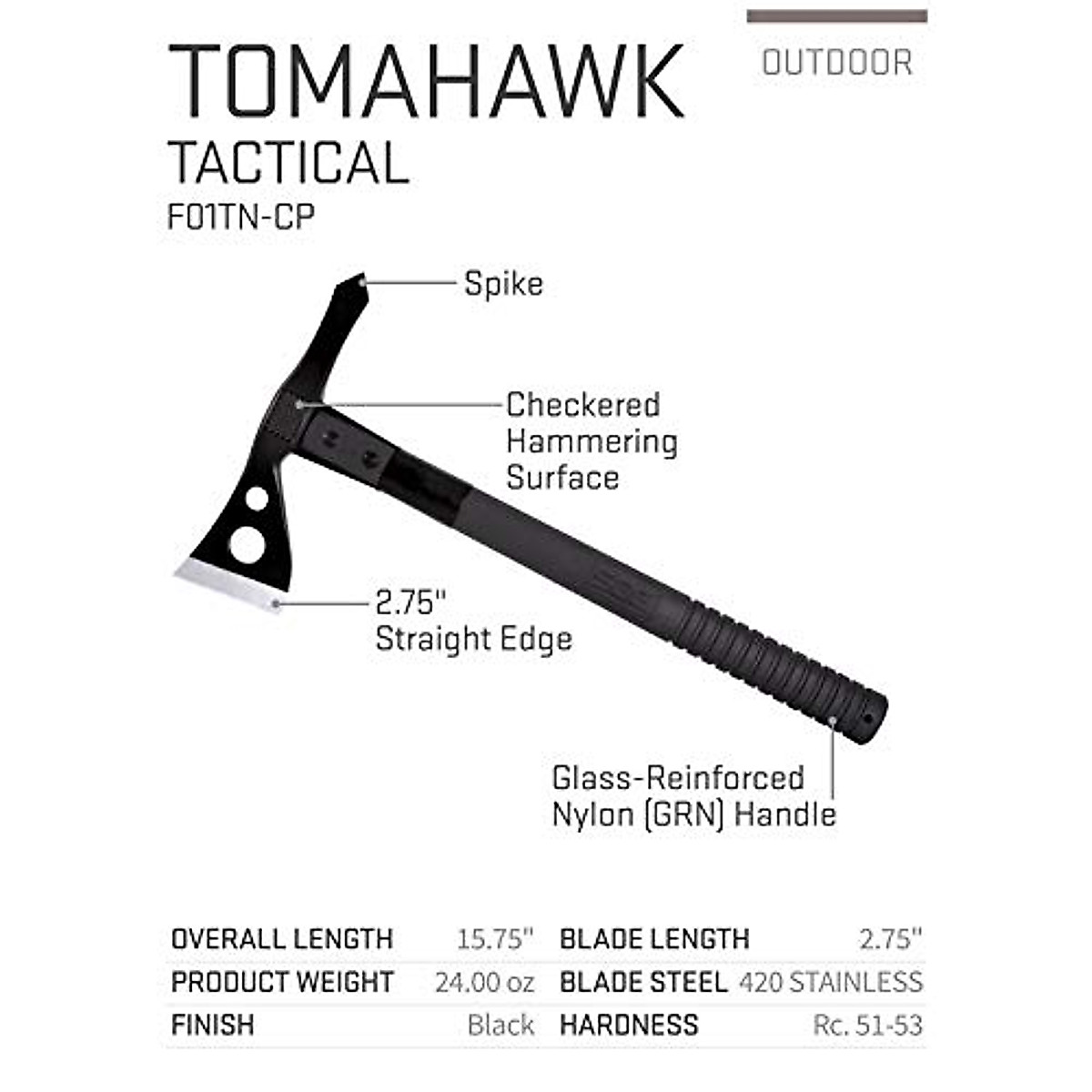 SOG Tactical Tomahawk- Throwing Hatchet, Versatile Survival Tactical Axe and Emergency Breaching Tool with Sheath (F01TN-CP)