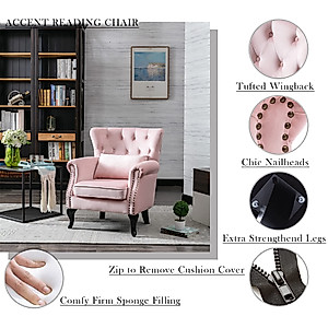Janoray Mid Century Modern Accent Chair Upholstered Armchair Comfy Velvet Fabric Single Sofa with Tufted Wingback for Small Spaces Bedroom Living Room, Pink