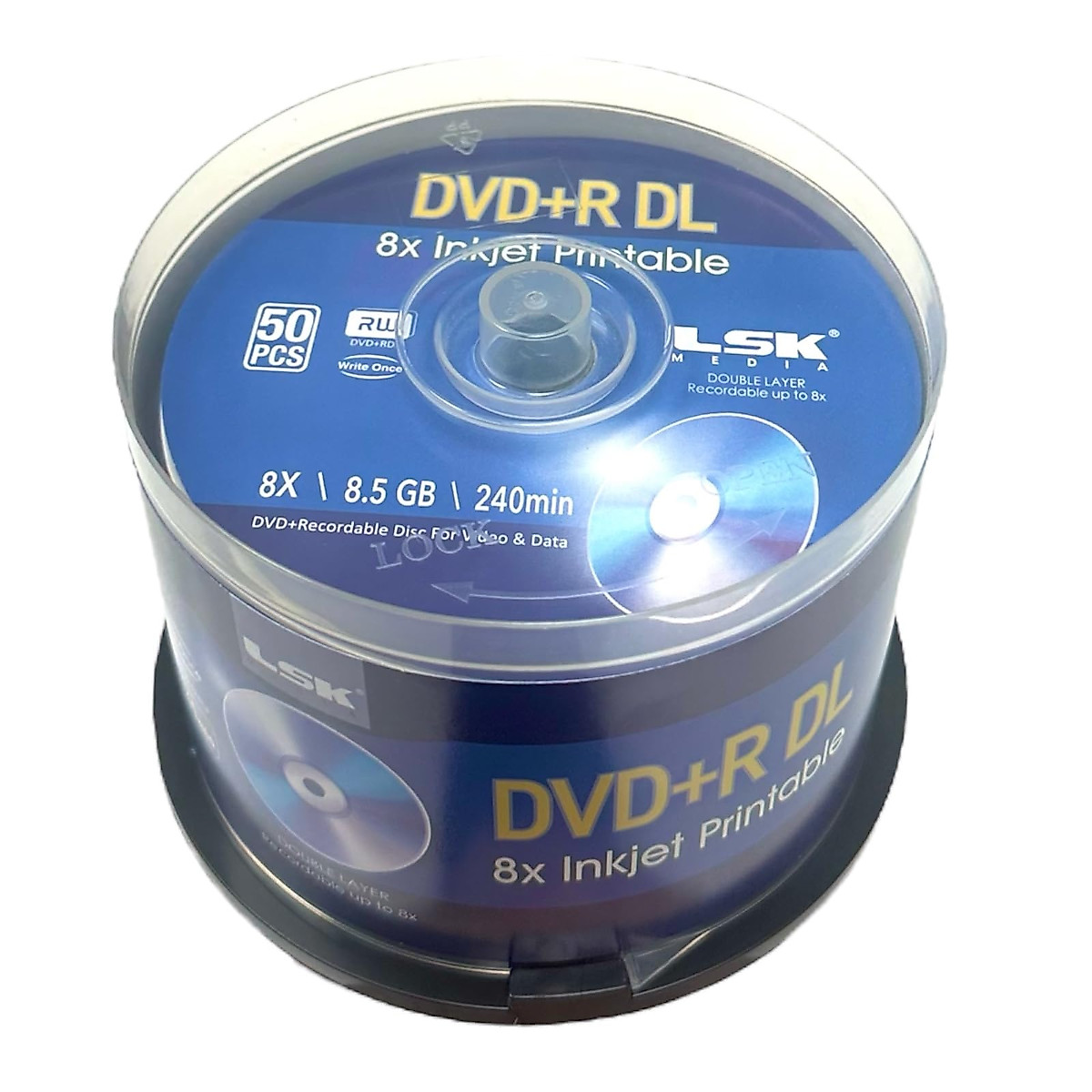 DVD+R DL Double Layer 8X 8.5GB 240min Video, White Inkjet Printable, by LSK Media, 50 Pack in Spindle | Blank DVDs for Burning Video | DVD Discs Blank | Recordable DVDs