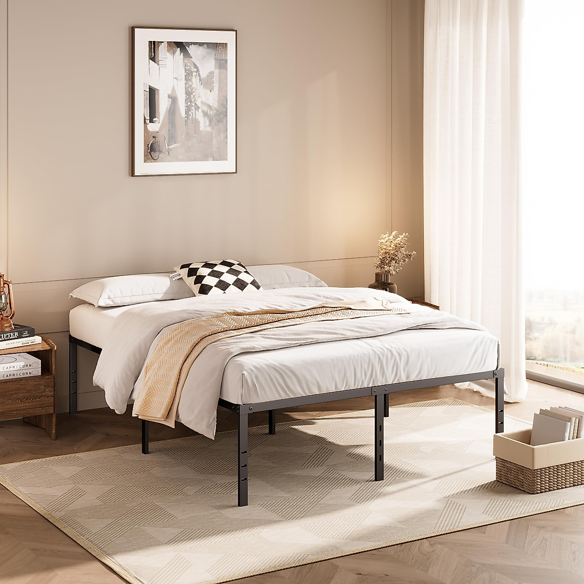 JTPTU Bed Frame Queen Size No Box Spring Needed,18 Inch High Heavy Duty Platform Queen Metal Bed Frame,Steel Slat Support,Noise Free,Easy Assembly Black