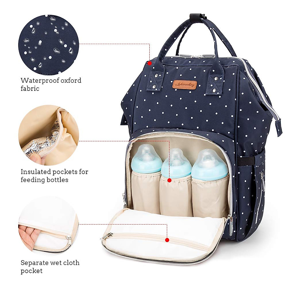 Diaper Bag Backpack for Baby with Insulated Pockets Stroller Straps Changing Pad and USB Charging Port, Large Capacity, Waterproof, Blue&Point