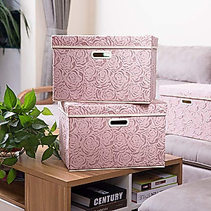 PRANDOM Larger Collapsible Storage Boxes with Lids Fabric Decorative Storage Bins Cubes Organizer Containers Baskets with Handles Divider for Bedroom Closet Living Room Pink 17.7x11.8x11.8 Inch 3 Pack