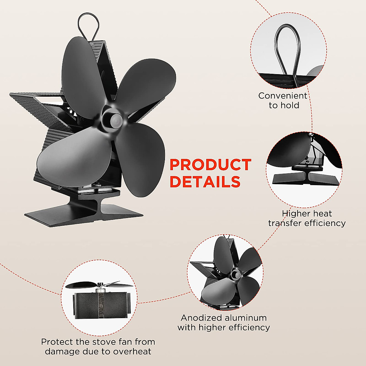 4-Blade Heat Powered Stove Fan, Fireplace Fan with Designed Silent Operation Circulating Warm Air Saving Fuel Efficiently for Home/Wood/Log Burner/Fireplace