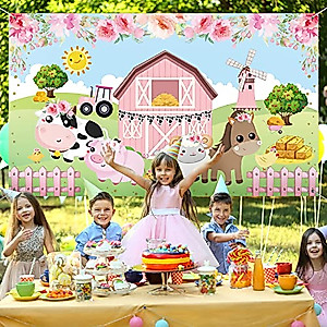 Farm Animals Theme Party Decorations, Pink Flowers Floral Barn Backdrop Banner for Grass Children Birthday Party Supplies, Farm Animals Scenic Background Photo Booth Banner, 72.8 x 43.3 Inch