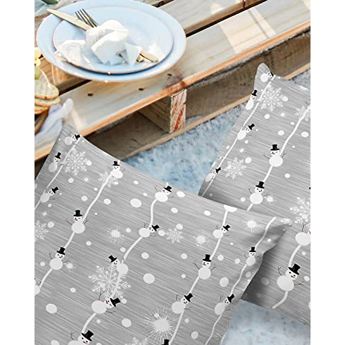 Christmas Outdoor Pillow Covers Snowman Snowflake Waterproof Lumbar Pillowcases Set of 2 Chritsmas Lights Grey Background Decorative Patio Furniture Pillows 16x16 inch x 2pcs