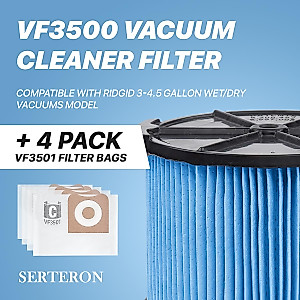 2 Pack VF3500 Filter Replacement for Ridgid Portable Vac 3-4.5 Gallon Wet Dry Vacuums + 4 Pack VF3501 Filter Bags (total 6 Pack)
