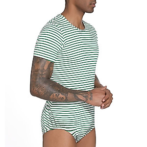 Landofgenie Mens Striped Onesie Pajamas Press Button Crotch Shirt Bodysuit Short Sleeve One Piece Bodysuit White 3XL