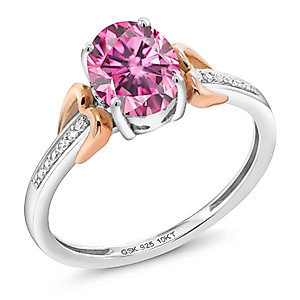 Gem Stone King 925 Sterling Silver and 10K Rose Gold Oval Pink Moissanite and White Diamond Women Ring (1.42 Cttw, Available In Size 5, 6, 7, 8, 9)