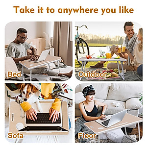 Amaredom Laptop Bed Desk Tray Bed Table, Foldable Portable Lap Desk with Storage Drawer and Cup Holder for Eating Breakfast on Bed/Couch/Sofa-White Oak