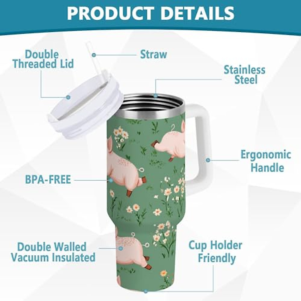 Wusikd Cute Pink Pig Tumbler Handle Lid and Straw Flowers Water Bottle Stainless Steel Coffee Travel Tumbler Mug Cup Gifts for Men Women 40oz