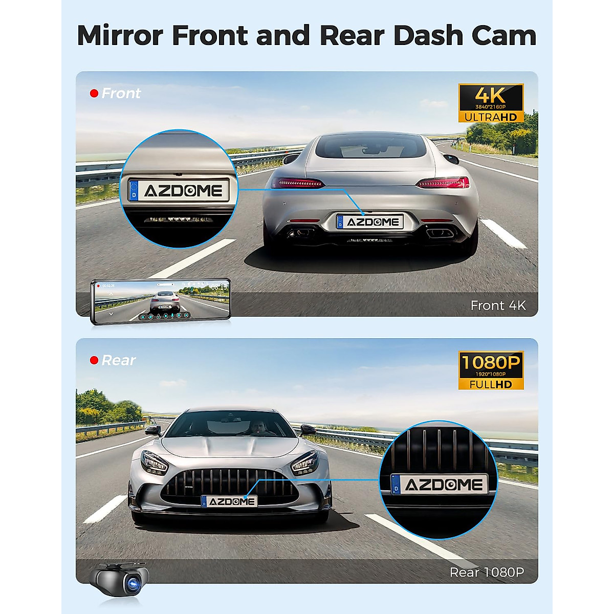 AZDOME 12" Mirror Dash Cam with 4K Detached Front Camera, Rear View Mirror Camera with Sony IMX335, WDR Night Vision, GPS, IPS Full Touch Split Screen, Free 64GB Card, Parking Assistance PG18S