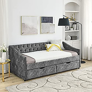 Daybed with Drawers, Modern Velvet Upholstered Twin Size Day Bed Button-Tufted Sofa Daybed Frame with Double Drawers, No Box Spring Needed, Furniture for Bedroom Living Room Guest Room (Grey, Twin)
