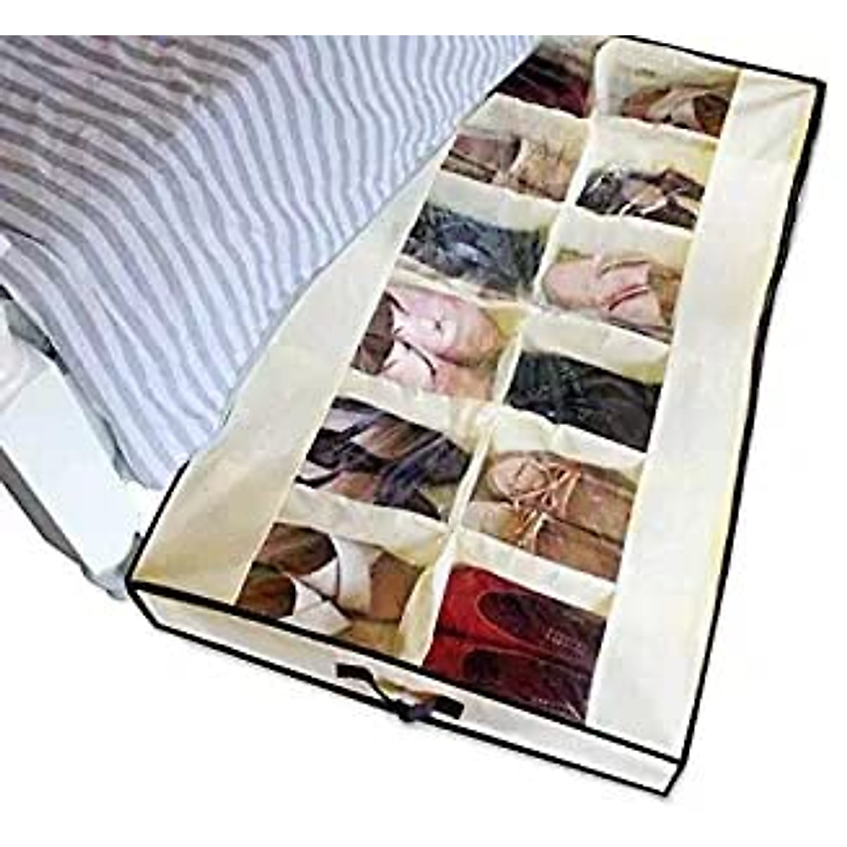 Shonpy 2pcs Men/Woman 12 Cells See Through Underbed shoes and boots Storage Bag Organizer with PVC window (2) (beige)