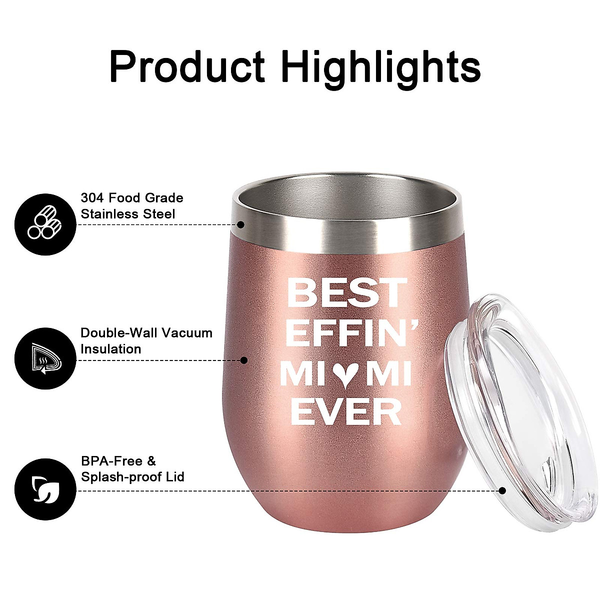 Cpskup Best Effin Mimi Ever Stainless Steel Insulated Wine Tumbler with Lid and Straw, Christmas Birthday Mother’s Day Mimi Gifts Ideas for Mimi New Mimi Mom Mother Grandma Women(12 oz, Rose Gold)