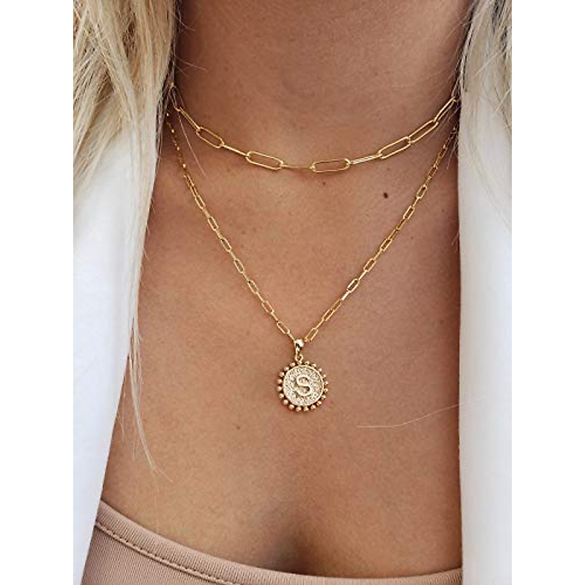 Gold Necklaces for Women , 14K Plated Layering Necklace Paperclip Link Choker Chain Personalized Layered Women Disc Initial Pendant A