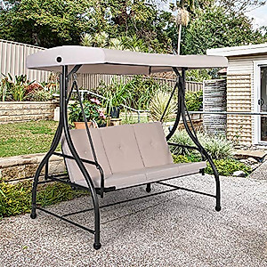 Tangkula 3 Seats Converting Patio Swing, Outdoor Porch Garden Canopy Swing with Comfortable Cushion Seats & Adjustable Tilt Canopy, Heavy Duty Hammock 3 Persons Porch Swing (Beige)