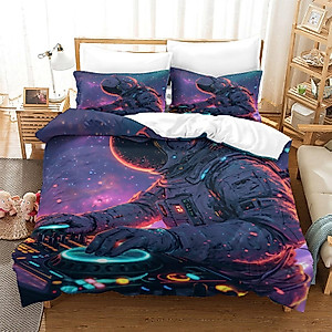 HEYLInGO Astronaut 3D Print Space DJ Quilt Cover Duvet Cover Comforter Covers for Teens and Adults with Pillow Cases Soft Microfiber Bedding Set with Zipper Closure 3 Pieces Twin（173x218cm）, Style-3