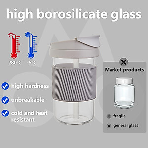 COMI Glass Travel Coffee Tumbler, Smoothie Cup Travel Dual-use Glass Coffee Cups with Lids Coffee Travel Cup with straw - 12 oz - Ash Grey