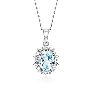 Rylos Sterling Silver Princess Diana Inspired Necklace: 9X7MM Aquamarine & Sparkling Diamonds - 18" Chain Exquisite Birthstone Jewelry