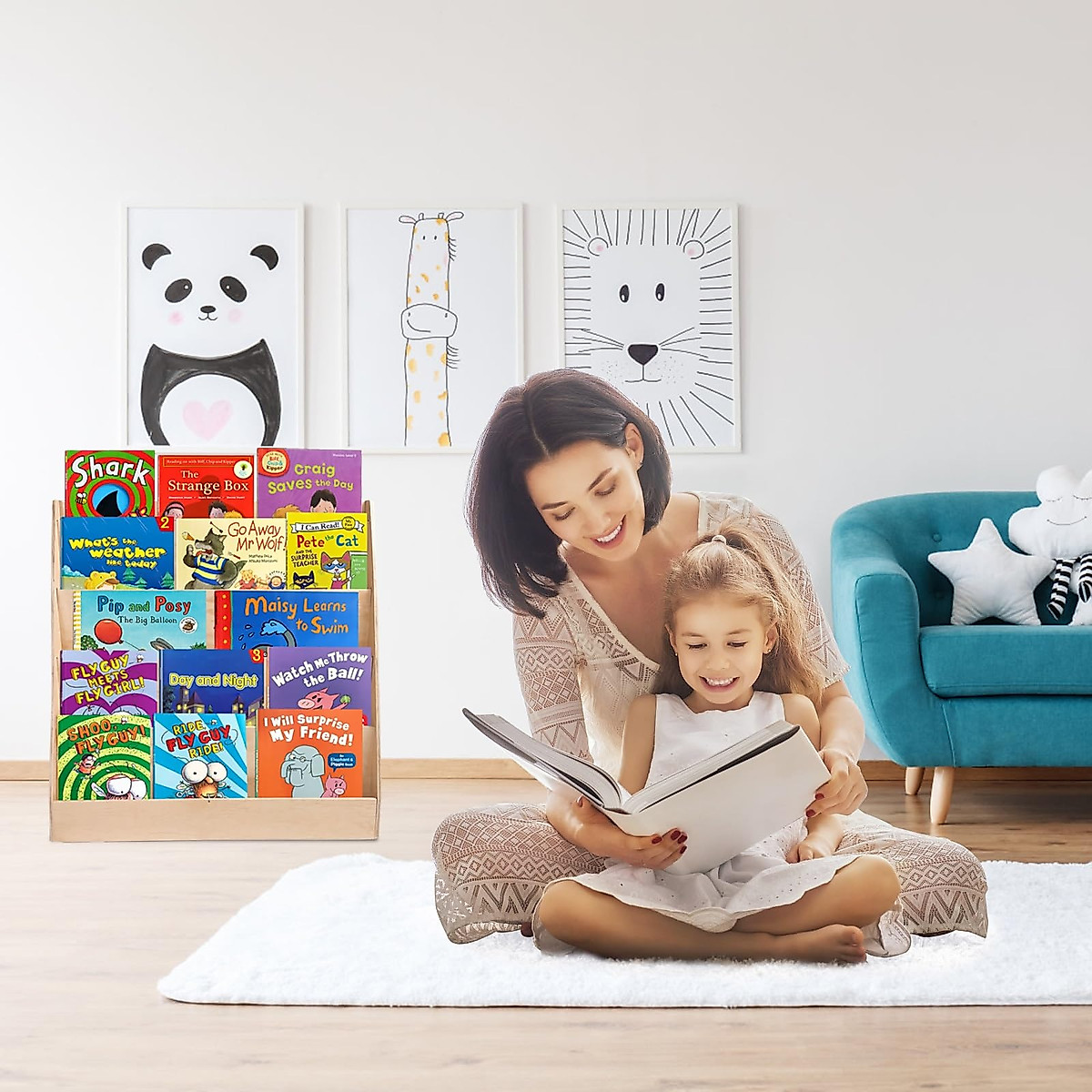 Tongmo Single-Sided Kids Bookshelf: 5 Tier Montessori Bookshelf Wood Classroom Bookcase for Kids Library with Back Storage (Natural, Large)