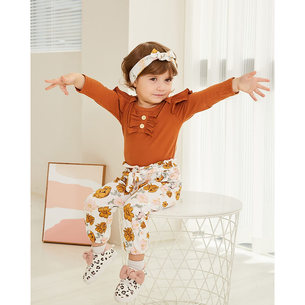 Kislio Newborn Baby Girls Clothes Ribbed Ruffled Romper+Floral Pants+Headband Infant Outfit Set