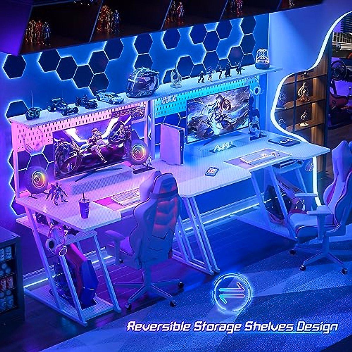 Gaming Computer Desk with Storage Shelves & Z-Shaped Legs, White Gaming Desk with Hutch and LED Lights, Reversible PC Gaming Desk with Pegboard for Bedroom & Small Spaces, Carbon Fiber Surface, 47''