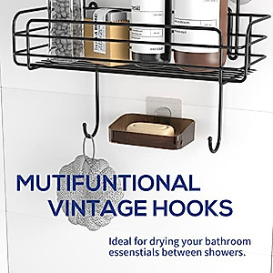 EAEREGS Shower Caddy Hanging Over Shower Head, 2-1 Black Stainless steel Shower Shelf With 2 Vintage Hooks and 1 Pack Adhesive Soap Dishes (Matte Black)