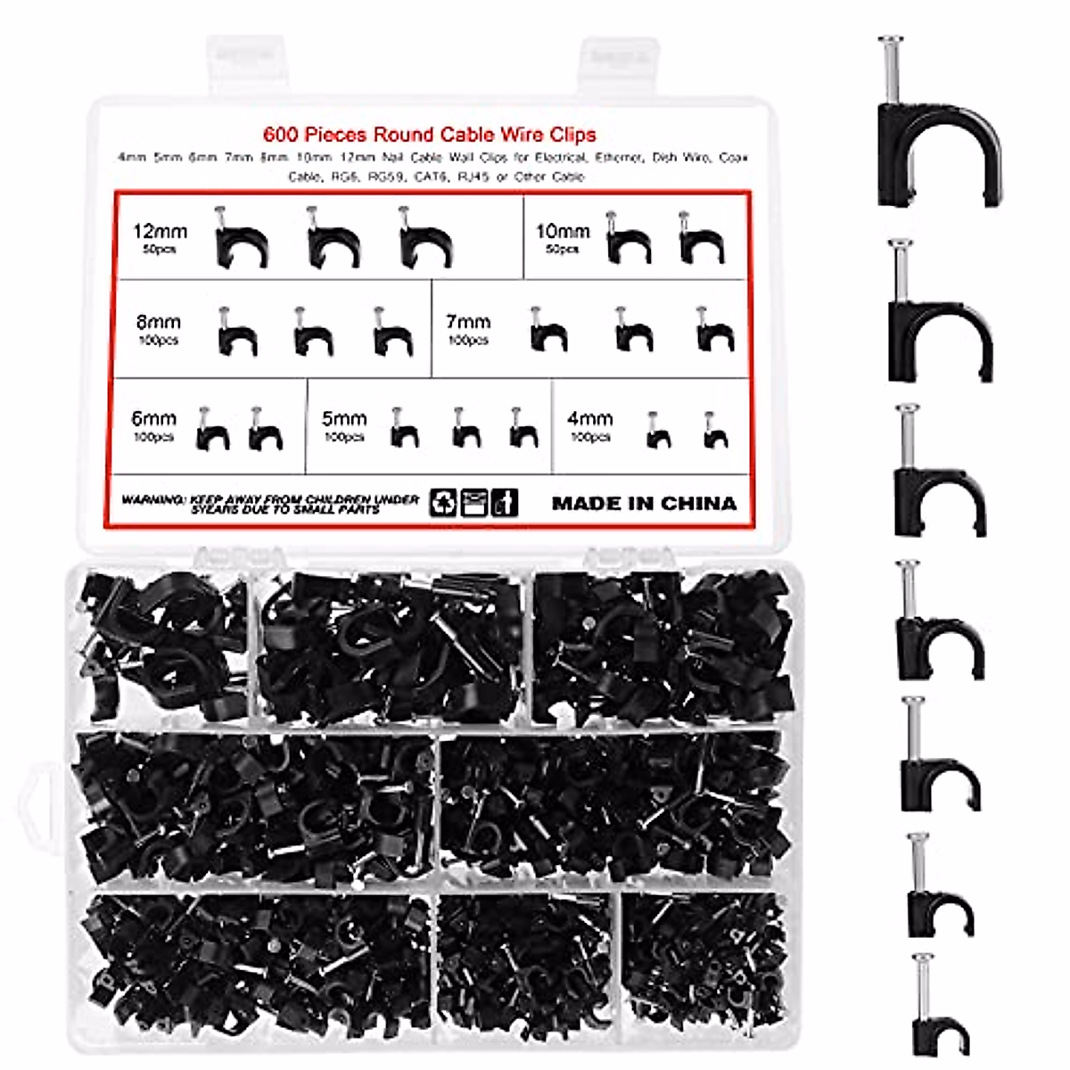 OCR 600pcs Circle Cable Clips with Steel Nail in Black Wire Clips 4mm 5mm 6mm 7mm 8mm 10mm 12mm Cord Management for RG6, RG59, CAT6, Coax Cable, Ethernet, TV, Telephone, Printer Cable