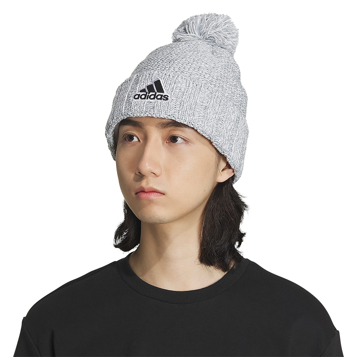 adidas Men's Recon Ballie Pom Tall Fit Fold Beanie Discontinued, White-Light Grey Heather Twist/Black/White F23, One Size