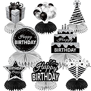 8PCS Black White Silver Birthday Decorations Honeycomb Centerpieces for Women Men, Black White Happy Birthday Table Centerpieces Party Supplies, 16th 21st 30th 40th 50th Birthday Table Topper Decor