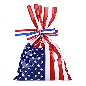 100 Pcs Patriotic Cellophane Treat Bags 4th of July Candy Goodie Bags Memorial Day Independence Day Red White Blue Star Loot Bags with 22 Yards Ribbon 4th of July Party Favor Decor, 6 x 9 Inch
