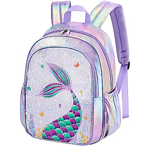 WAWSAM Mermaid Kids Backpack - Sparkly Sequins Backpack for Girls Purple School Bag Personalized 15” Backpack for School Elementary Travel Casual Book Bag for Christmas Birthday Back to School Gift