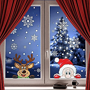 300 PCS 8 Sheet Christmas Snowflake Window Cling Stickers for Glass, Xmas Decals Decorations Holiday Snowflake Santa Claus Reindeer Decals for Party