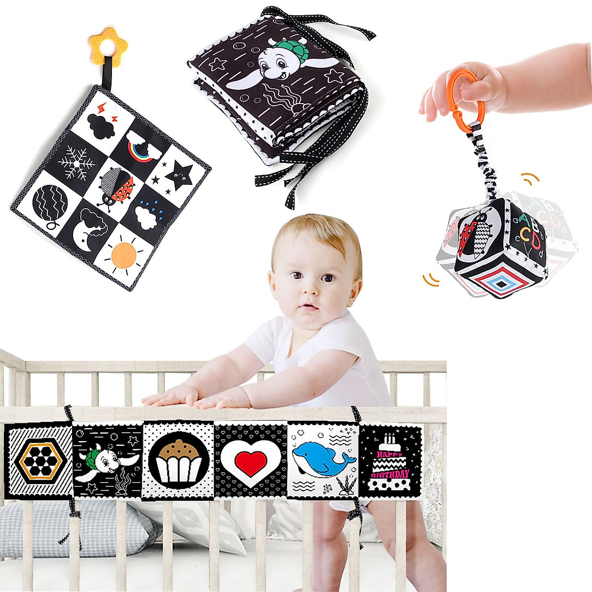 AIyMltd Baby Spiral Hanging Stroller, Black and White Car Seat Toys High Contrast Toy Newborn Sensory Plush Activity Toys for Bed Bassinet Crib Baby Carrier Gifts for 0 3 6 9 12 Months