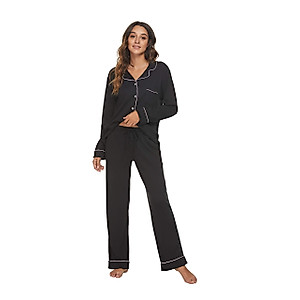 HEARTNICE Womens Pajama Set, Soft Long Sleeve Pajamas & Long Pants with Pockets, Warm Button-up Sleepwear Lightweight Lounge Pjs (Black-L, M)