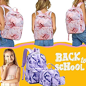 Jumpopack 3 Pcs Girls Backpack Lightweight Waterproof Girls Backpack with Lunch Box 16inch Laptop Sleeve Backpack for Teen Girls School Backpack School Bag Bookbag (Marble Purple)