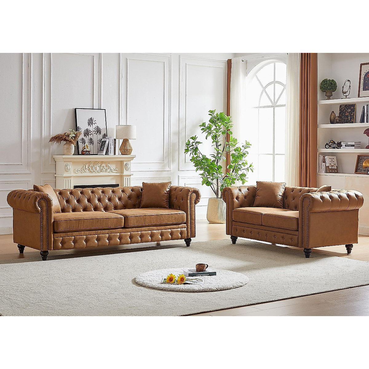 Mid Century Modern Couch,85.5" High-tech Fabric Button Tufted Oversized Loveseat Sofa w/ Nailhead Trim&Roll Armrest,Upholstered Comfy Deep Seat Chesterfield Sofa for Living Room,Office(3 Seater,Brown)