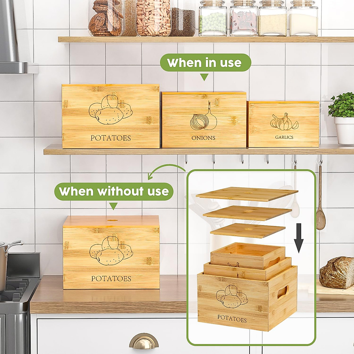 DALSHABET Potato and Onion Storage Bins, Premium Pantry Organizers and Storage, Bamboo Vegetable Garlic Keeper Solutions for an Organized Kitchen Beige