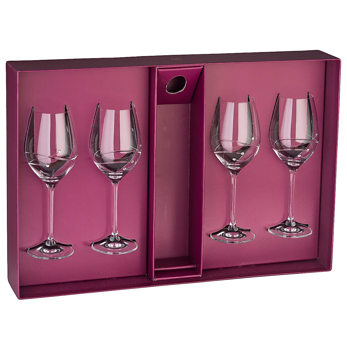 Barski - Handmade Glass - Set of 4 White Wine Glasses with Empty Space in the Center to Fit Your Own Bottle of Wine - Decorated with Real Swarovski Diamonds - Gift Boxed - 12.5 oz.- Made in Europe